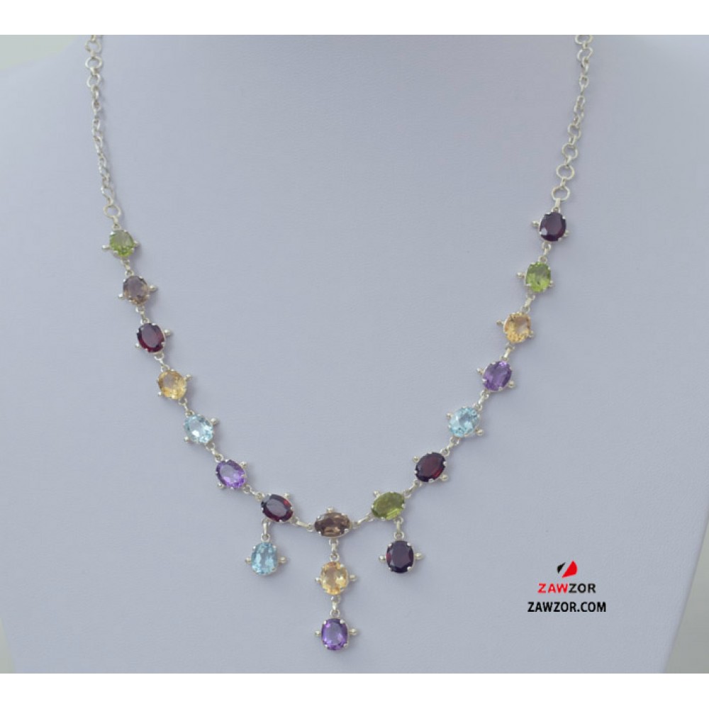 Multi Gemstone Silver Necklace|Beautiful Gemstone Jewellery